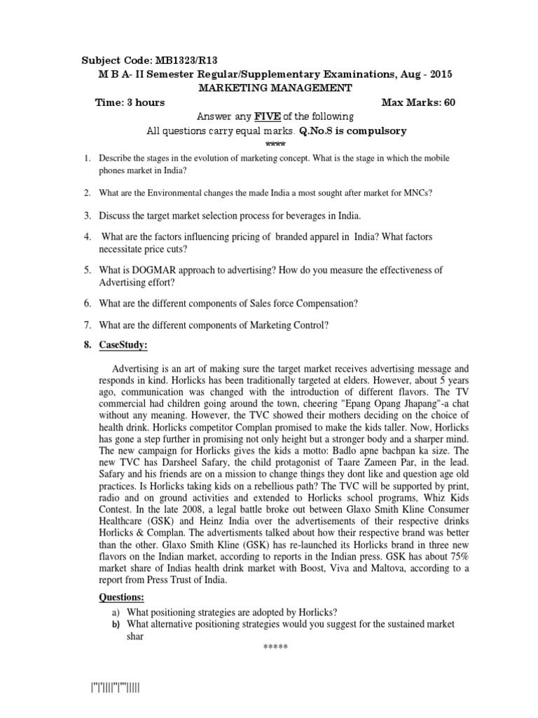Marketing Management Question Paper 2 | PDF | Glaxo Smith Kline ...