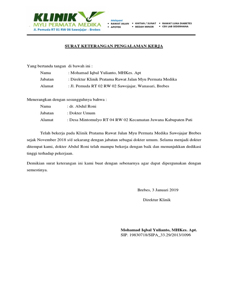 Surat Pengalaman Kerja Dr. Roni Sawojajar | PDF