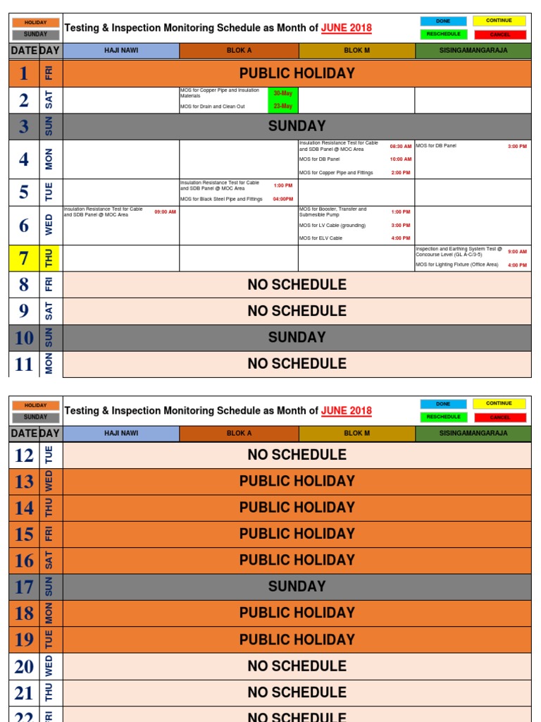 Public Holiday: Testing & Inspection Monitoring Schedule As Month of ...