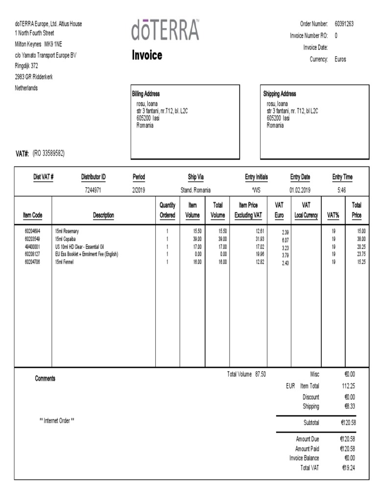 doTERRA Europe Invoice for Essential Oils Shipment to Customer in ...