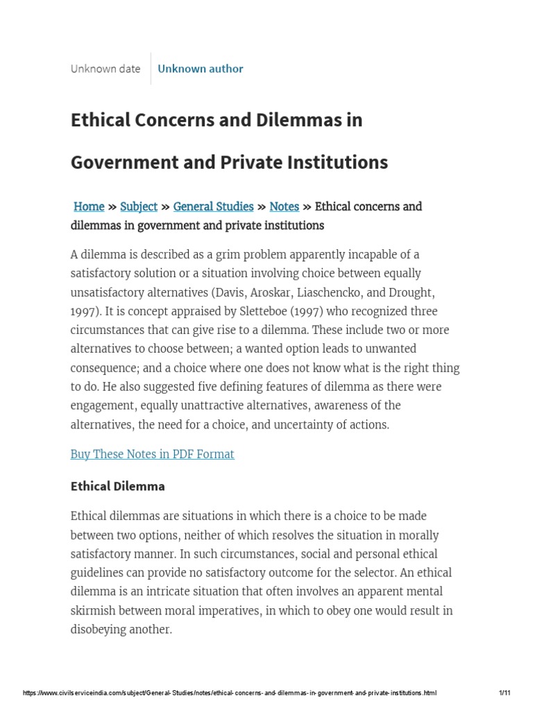 Ethical Concerns in Government, Ethical Dilemmas in Private ...