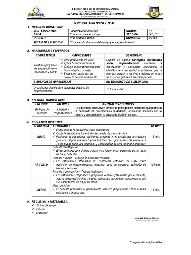 Sesion de aprendizaje -1º - EPT | PDF | Aprendizaje | Maestros