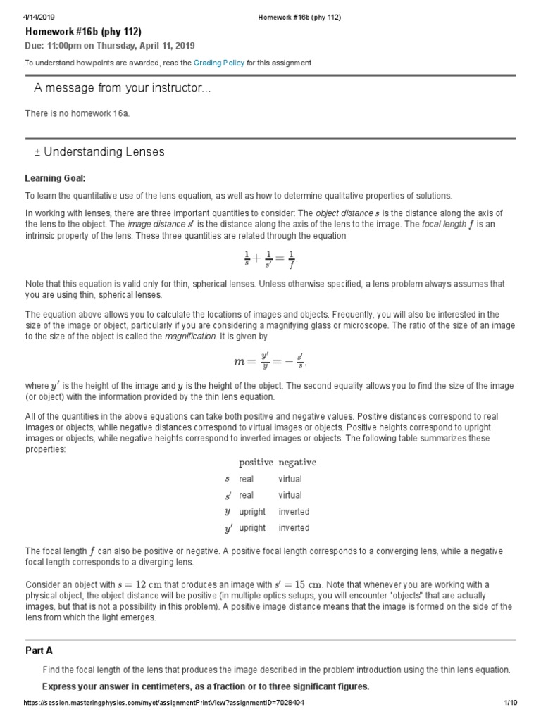 Homework #16b (Phy 112) Solutions | PDF | Lens (Optics) | Optics