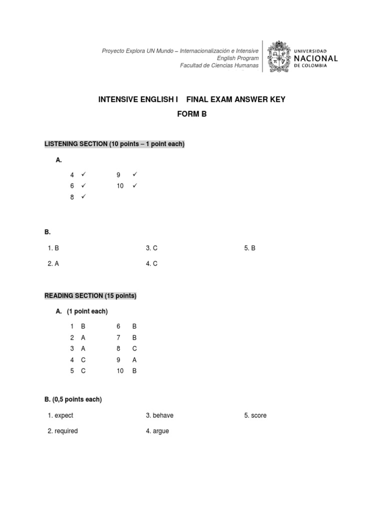Intensive English I - Final Exam Form B - Answer Key | PDF ...