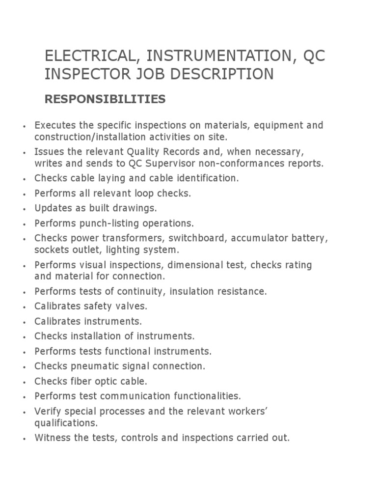 Electrical, Instrumentation, QC Inspector Job Description | PDF ... Electrical, Instrumentation, QC Inspector Job Description | PDF ...
