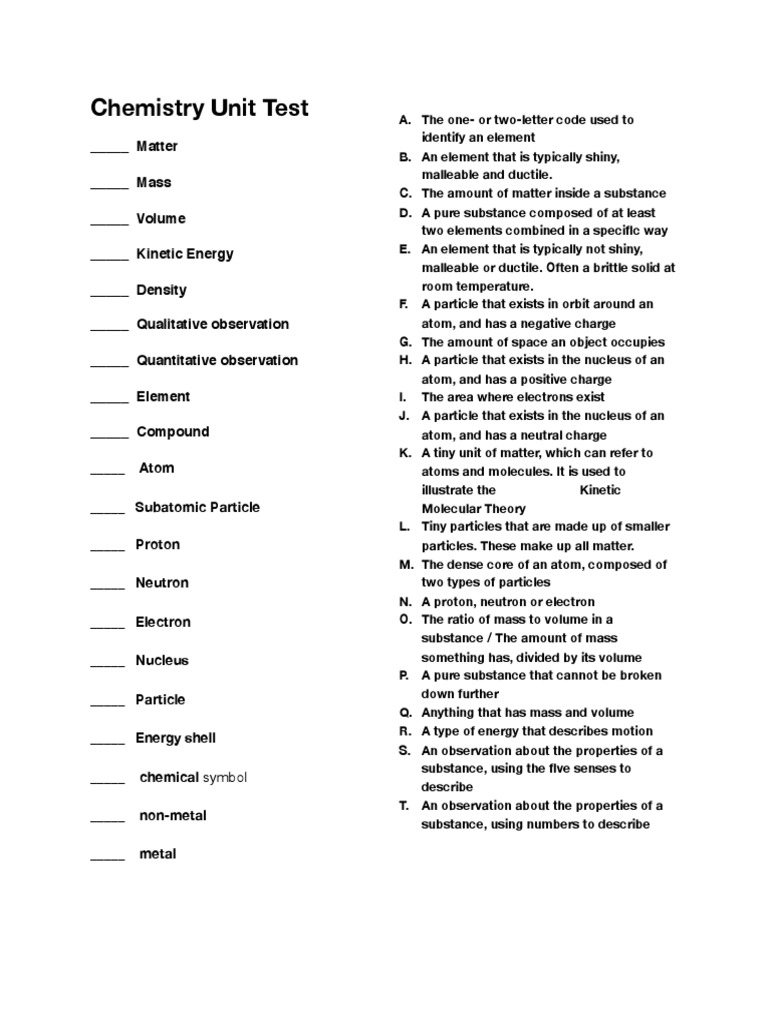 Chemistry Unit Test Key Terms | PDF | Atoms | Ion