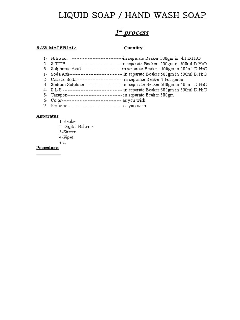 Liquid Soap / Hand Wash Soap: 1 Process | PDF | Sodium Hydroxide | Sodium
