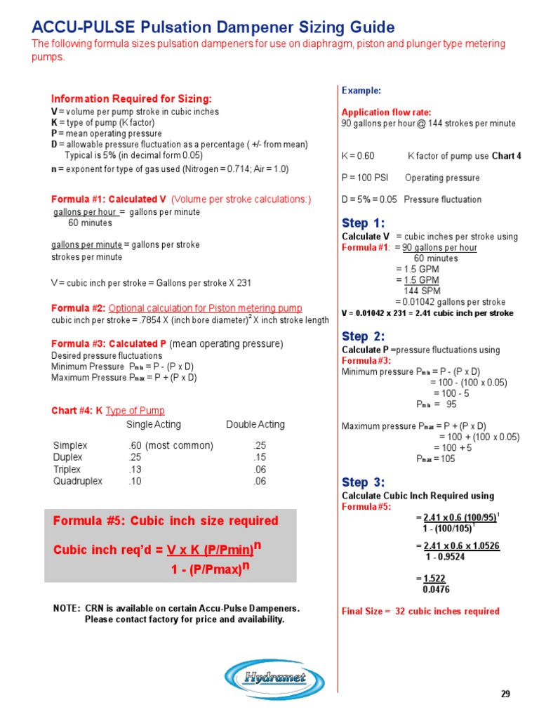 Pulsation Dampener - Sizing - Guide PDF | PDF | Gallon | Pump