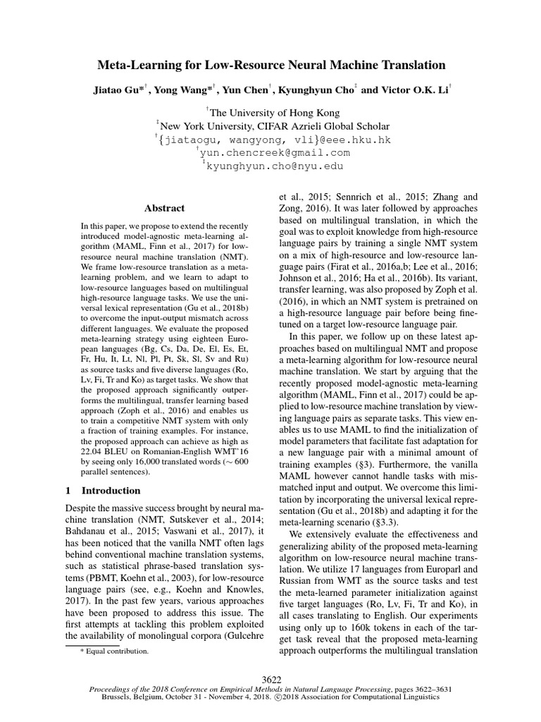 Meta-Learning For Low-Resource Neural Machine Translation | PDF ...