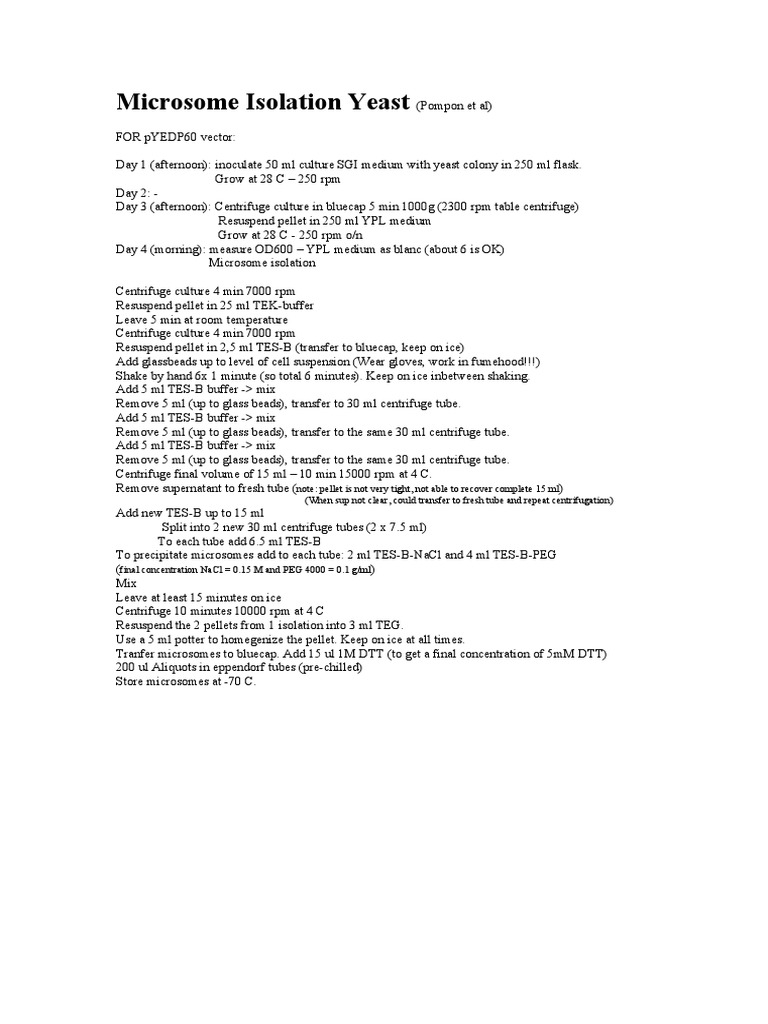 Yeast Microsome Isolation Protocol | PDF | Centrifuge | Glucose