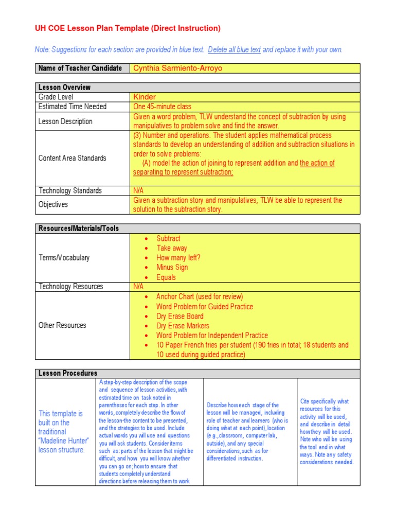 Kindergarten Subtraction Lesson Plan | PDF | Behavior Modification | Psychological Concepts