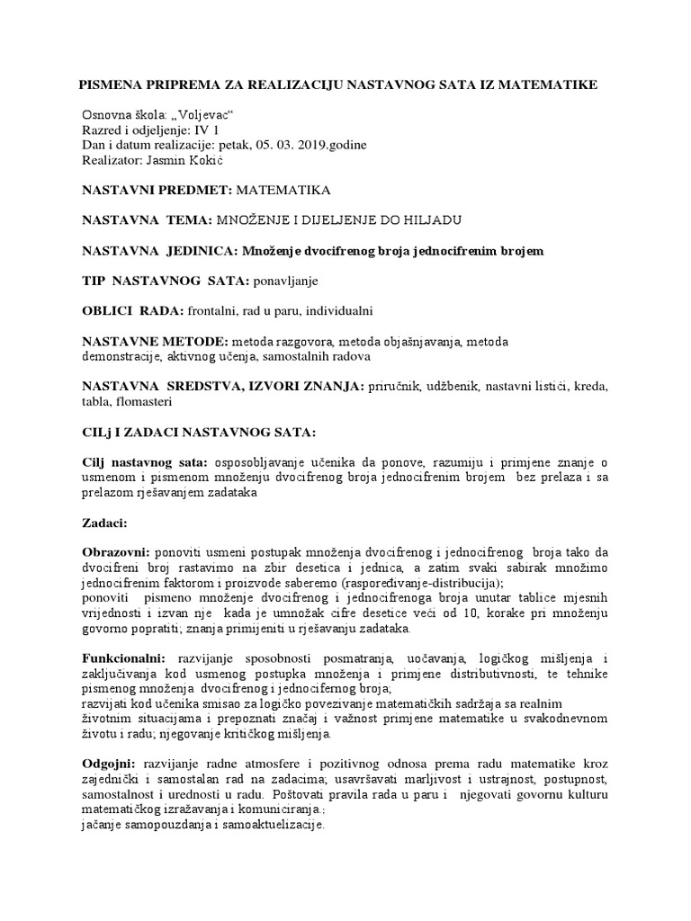 Pismena Priprema Za Realizaciju Nastavnog Časa | PDF