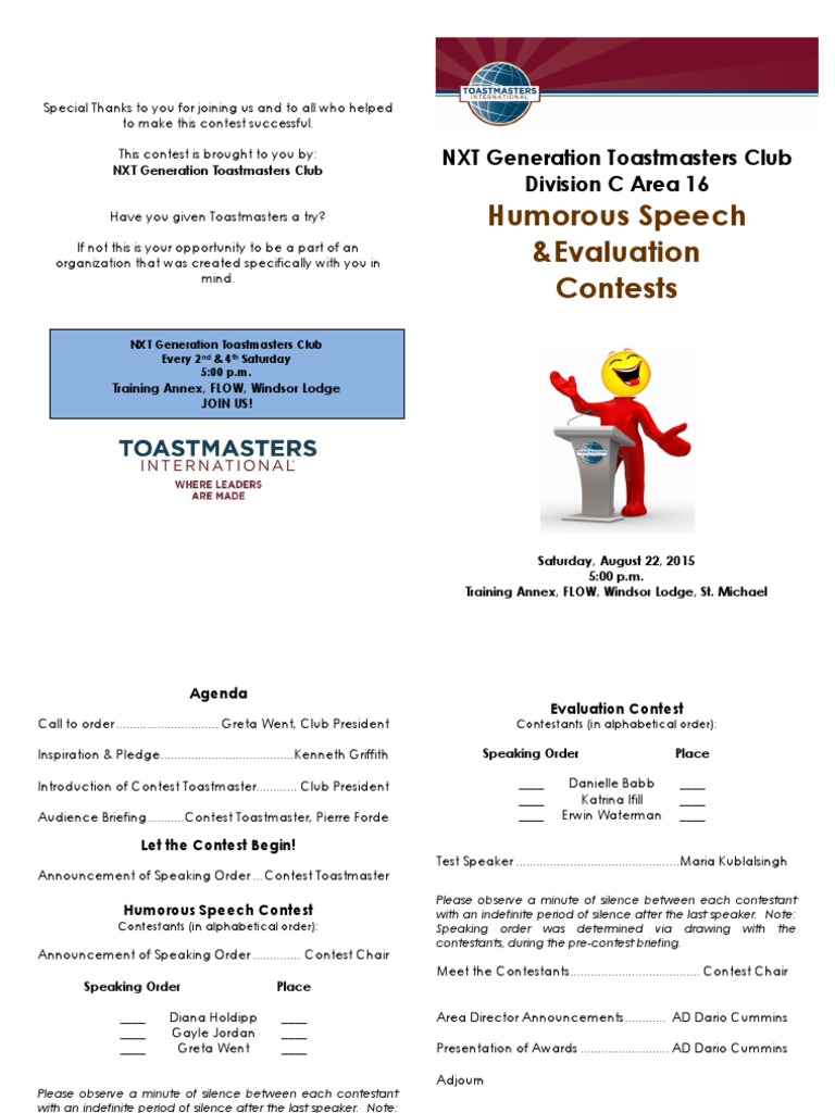 Humorous Speech &evaluation Contests: NXT Generation Toastmasters Club ...