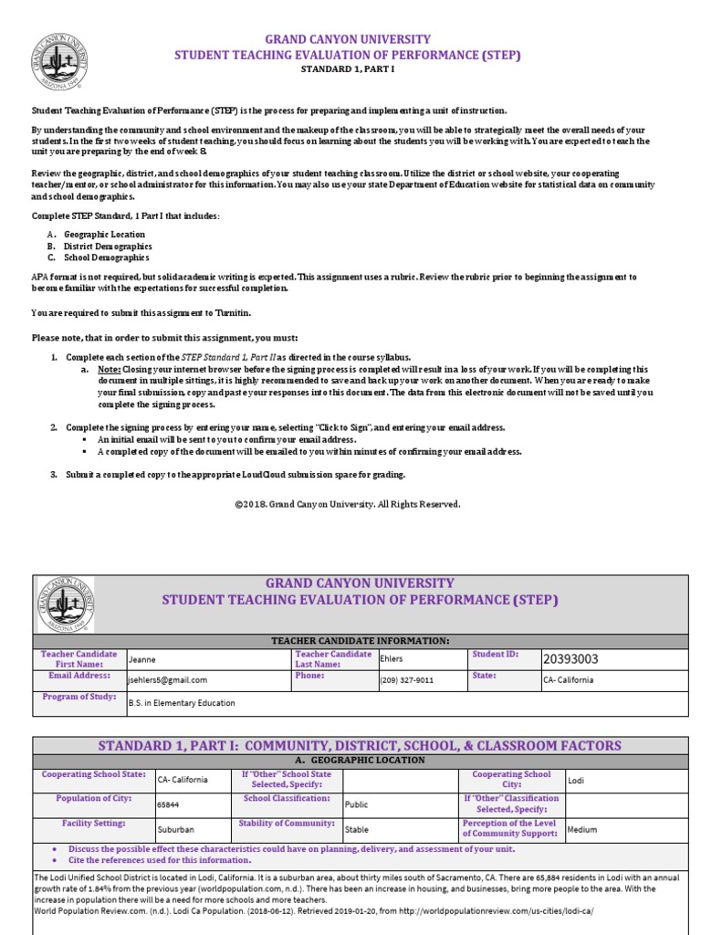 Grand Canyon University Student Teaching Evaluation of Performance ...