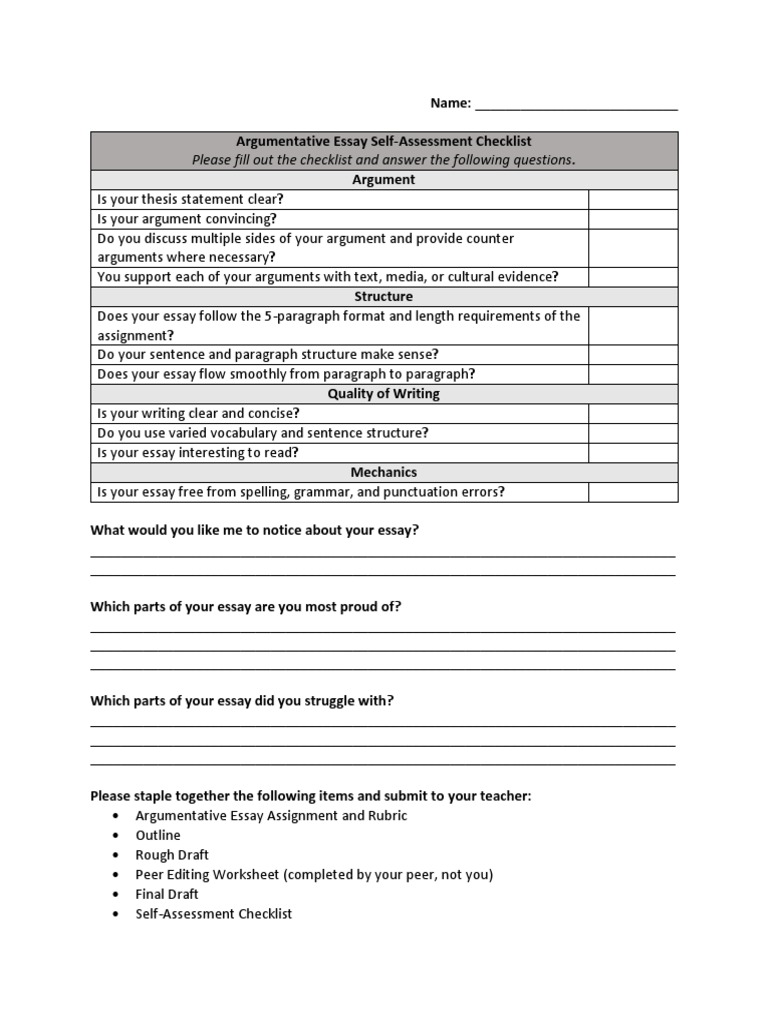Argumentative Essay Self-Assessment Guide | PDF