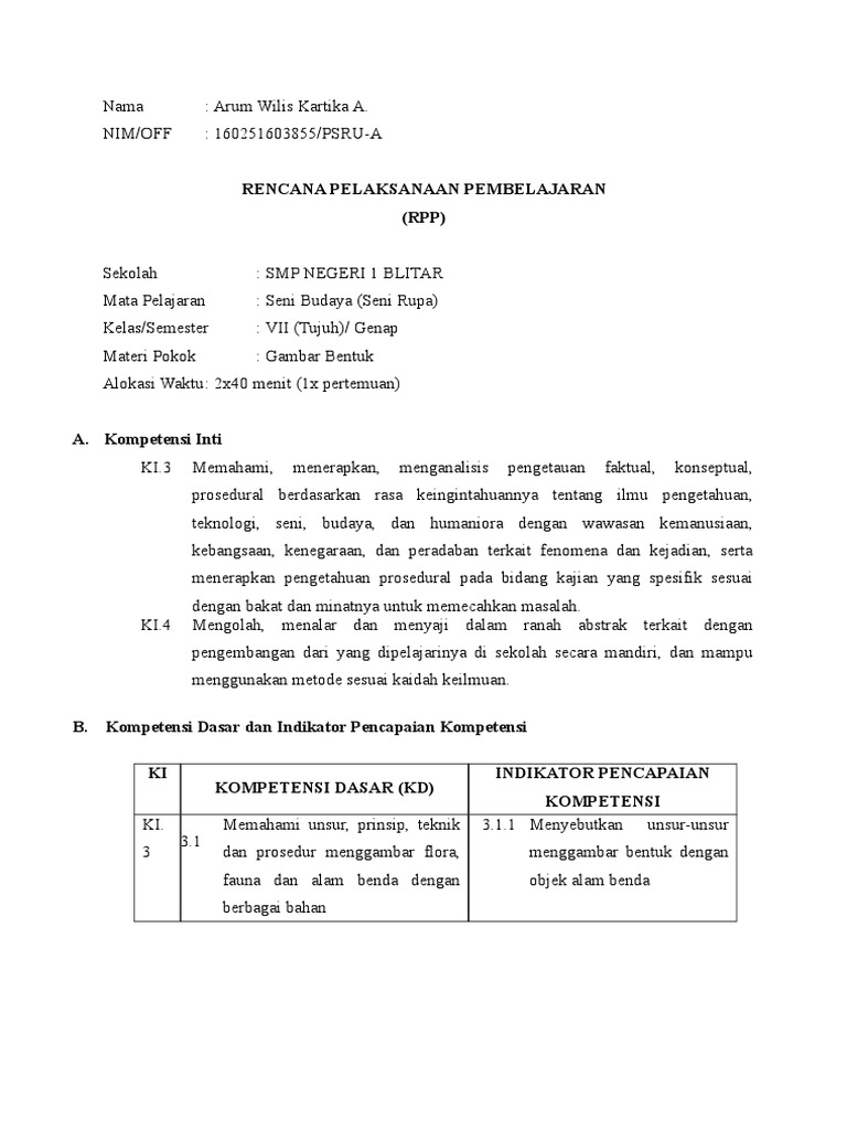 Contoh RPP Seni Rupa Kelas VII | PDF