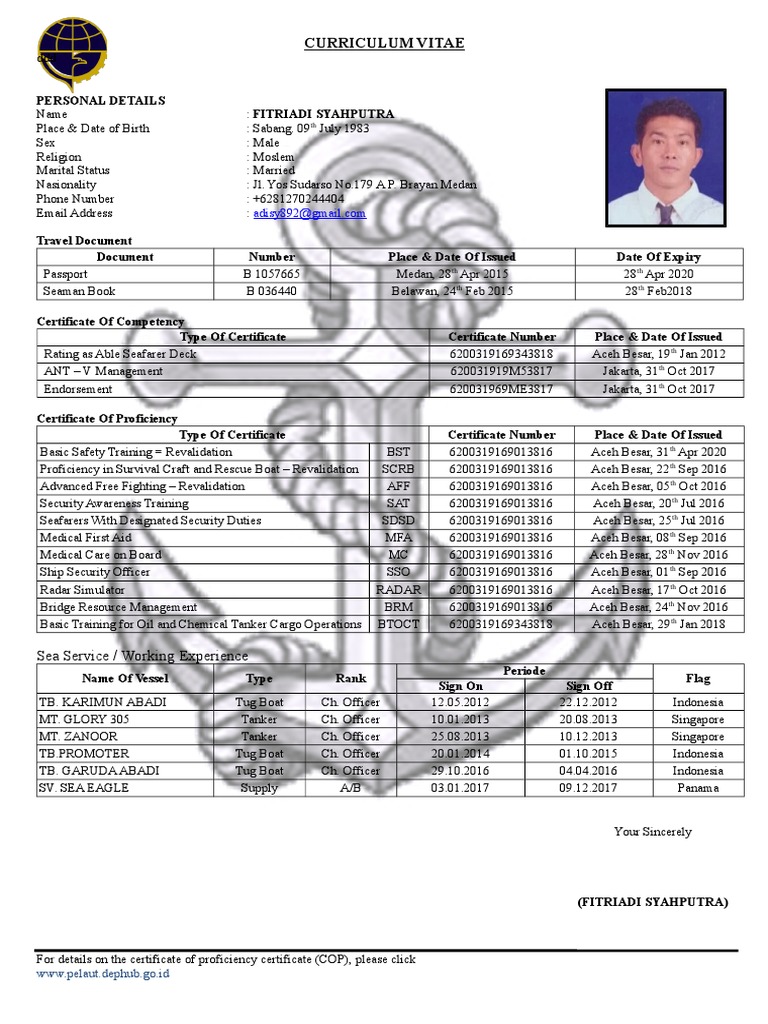 Curriculum Vitae: Sea Service / Working Experience | PDF | Ships | Shipping