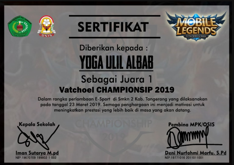 Sertifikat VC2019 ML Juara 1 | PDF