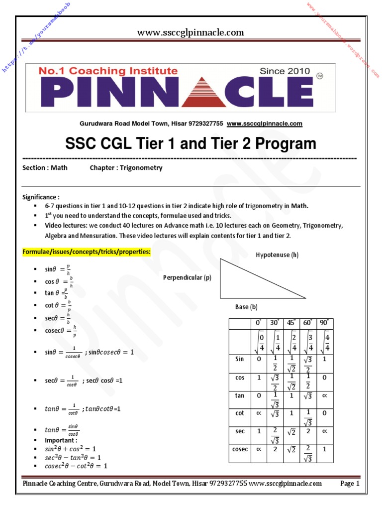 SSC CGL Tier 1 and Tier 2 Program: Section: Math Chapter: Trigonometry ...