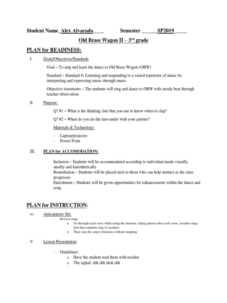 3rd Grade Dance Lesson Plan: Old Brass Wagon | PDF | Educational ...