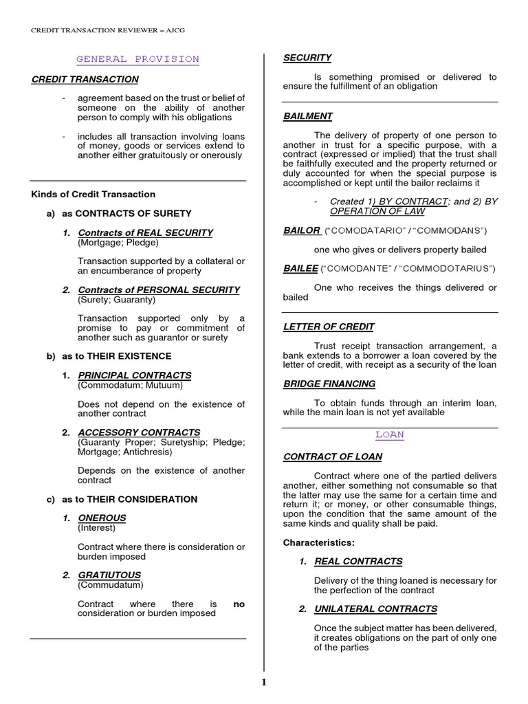 Reviewing Key Aspects of Credit Transactions | PDF | Guarantee | Loans