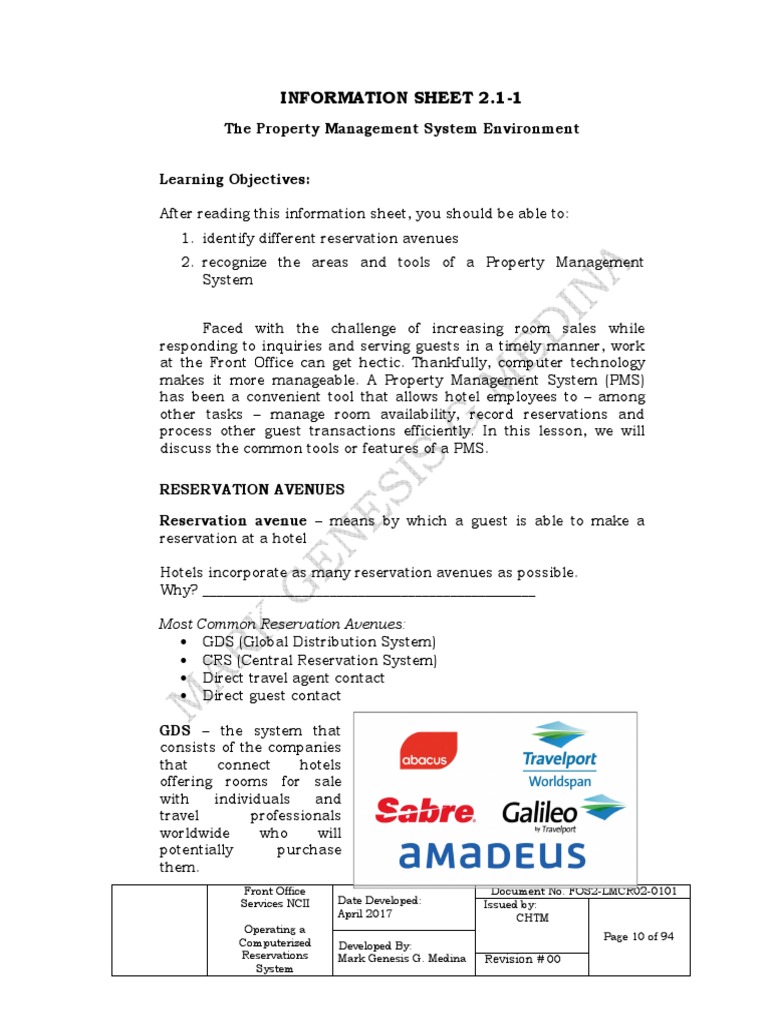 Front Office Services NCII: CBLM Operate A Computerized Reservations ...