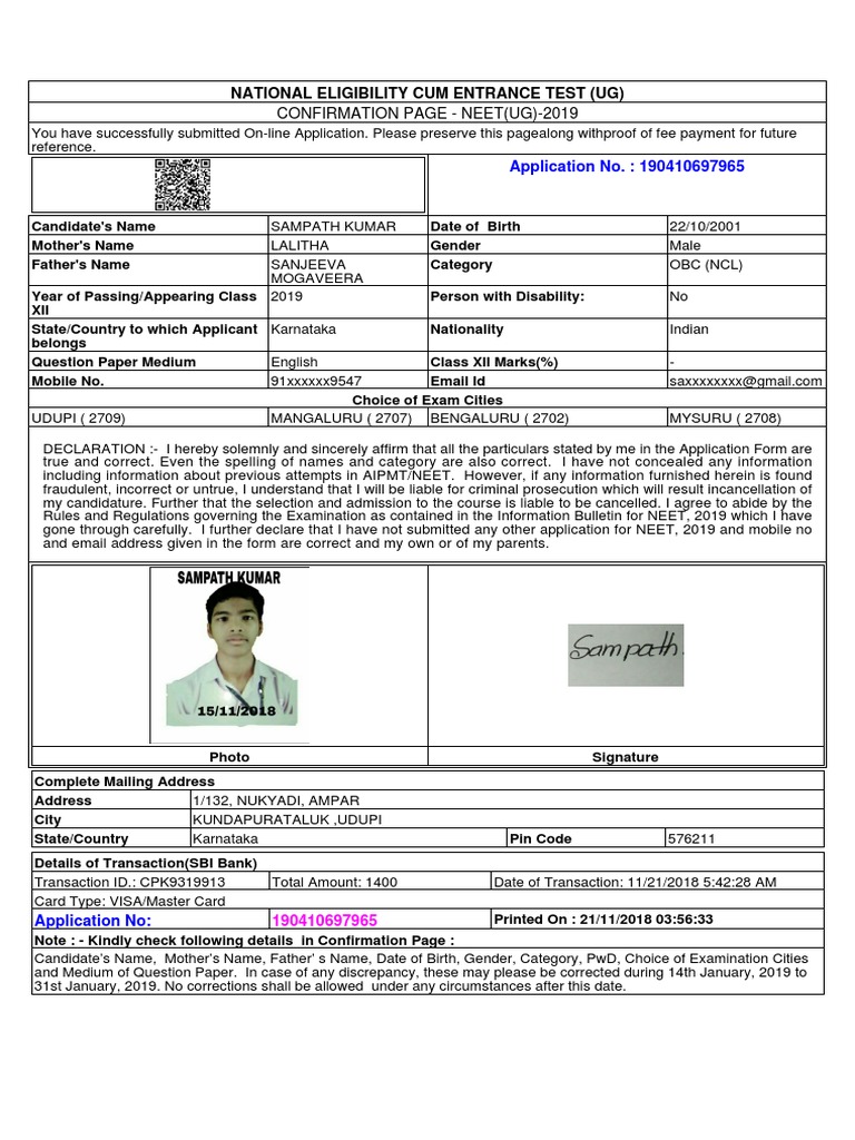 Confirmation of NEET(UG)-2019 Application Submission for Sampath Kumar | PDF | Business