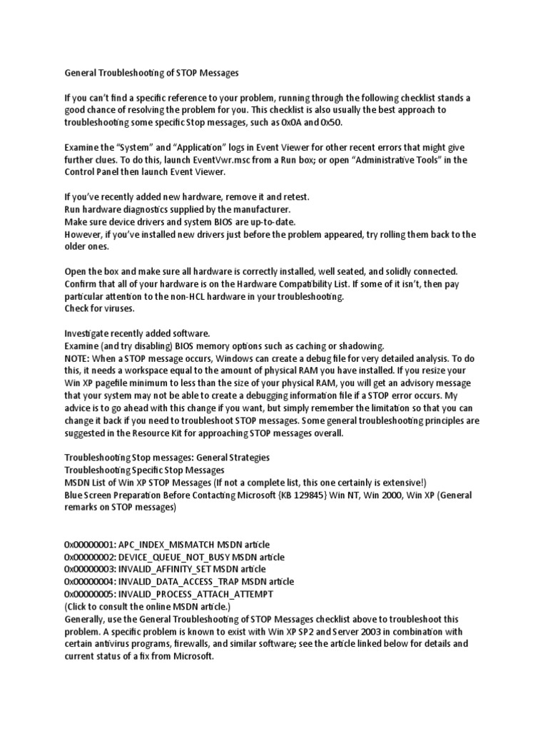General Troubleshooting of STOP Messages | PDF | Windows Xp | Microsoft ...