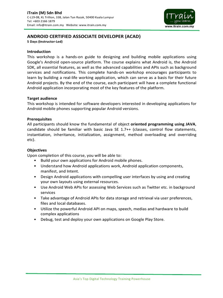 Android Certified Associate Developer (Acad) : Itrain (M) SDN BHD | PDF | Android (Operating ...