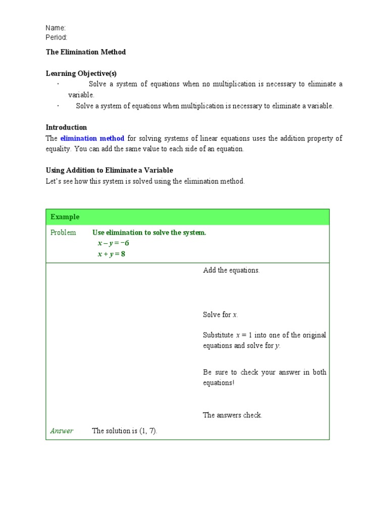 The Elimination Method Guided Notes | Download Free PDF ...