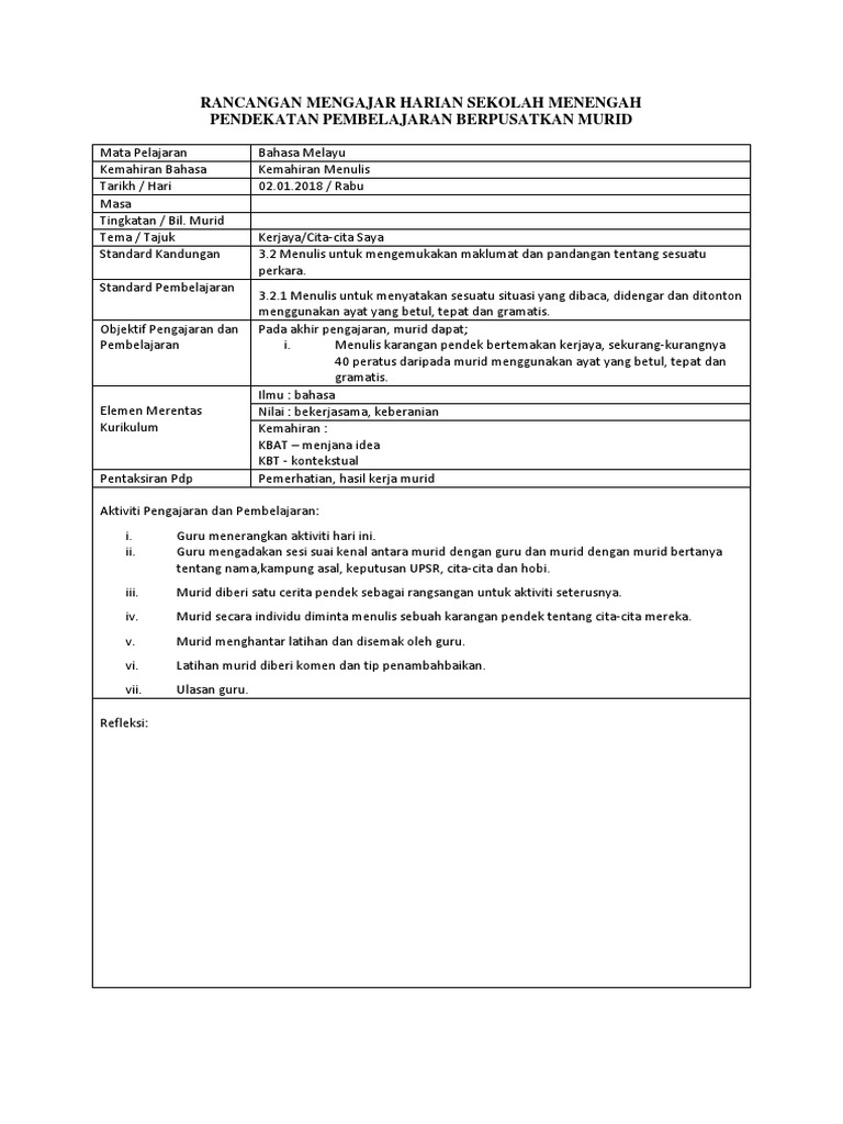 Contoh RPH KSSM BM Ting.1 | PDF