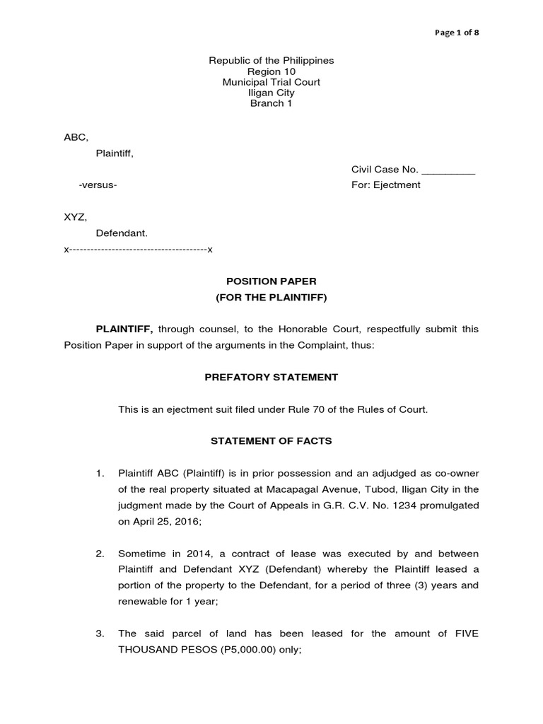 Position Paper Ejectment Plaintiff Sample | PDF | Eviction | Lease