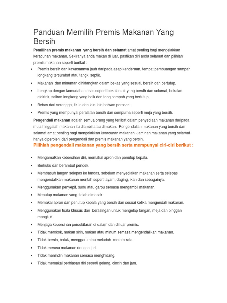 Panduan Memilih Premis Makanan Yang Bersih | PDF