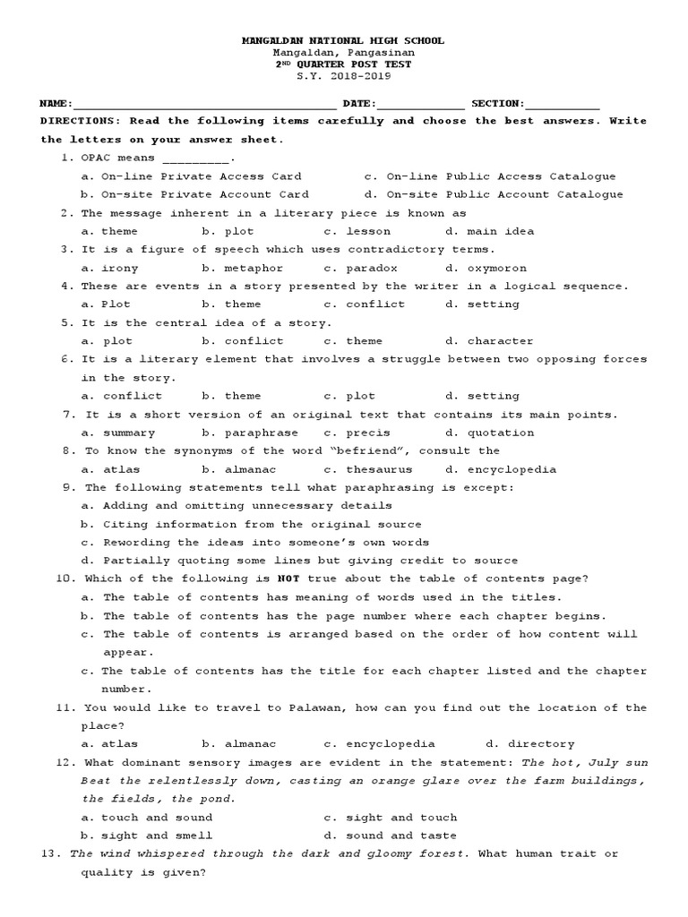 DIRECTIONS: Read The Following Items Carefully and Choose The Best ...