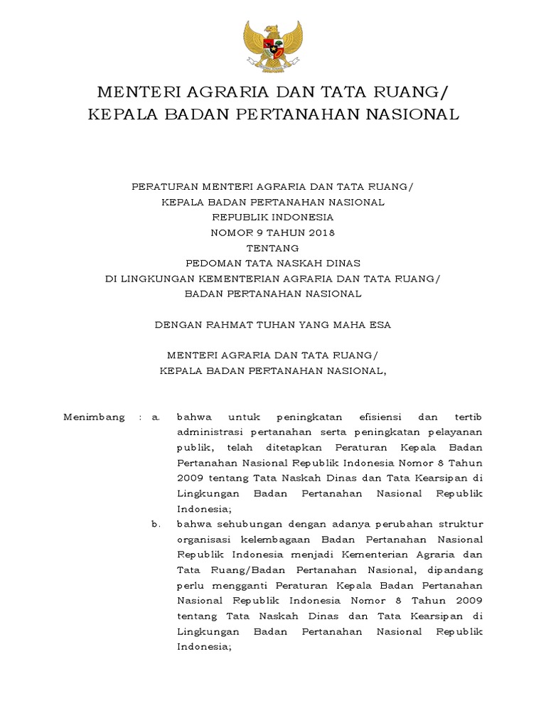 Permen No. 9 Tahun 2018 - Tata Naskah ATR-BPN PDF | PDF