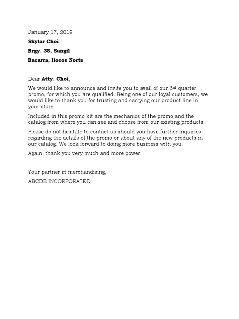 3rd Quarter Promo Invitation Letter | PDF