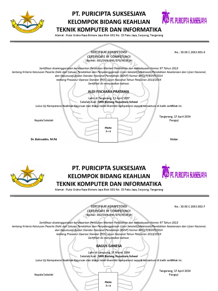 Format Sertifikat Kompetensi | PDF