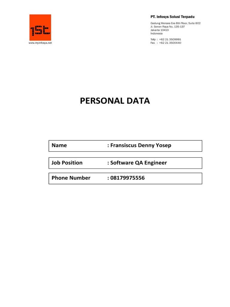 Form Personal Data Calon Karyawan - INFOSYS | PDF | Business