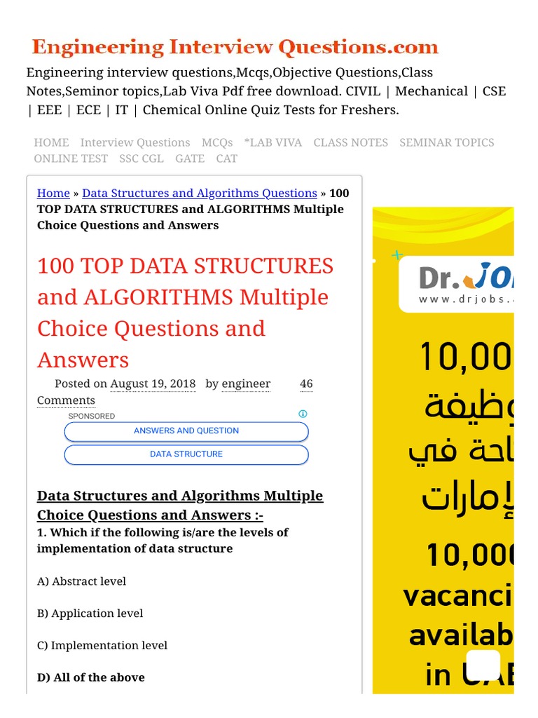 100 Top Data Structures And Algorithms Multiple Choice Questions And Answers Data Structures And