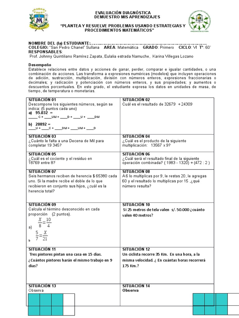 EvaluaciÓn DiagnÓstica 1° Secundaria Pdf División Matemáticas 0542
