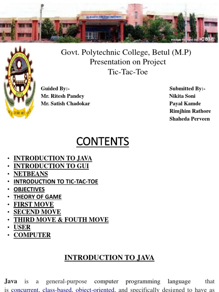 Govt. Polytechnic College, Betul (M.P) Presentation On Project Tic-Tac-Toe | PDF | Java ...