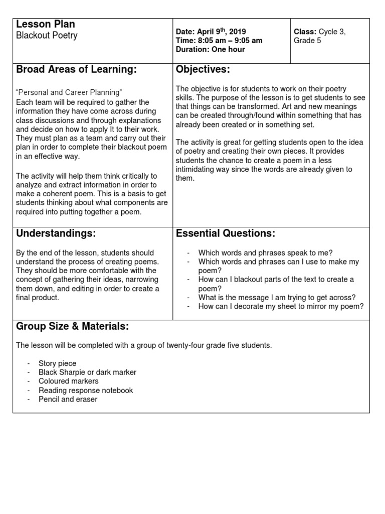 Field-Experience-4 Blackout-Poetry-Ela-Lesson-Plan | PDF | Poetry ...