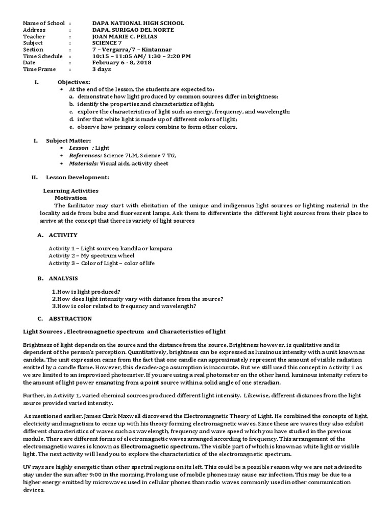 Lesson: Light References: Science 7LM, Science 7 TG, Materials: Visual ...