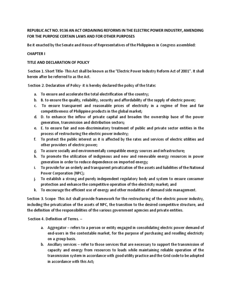Republic Act No. 9136 An Act Ordaining Reforms in The Electric Power ...