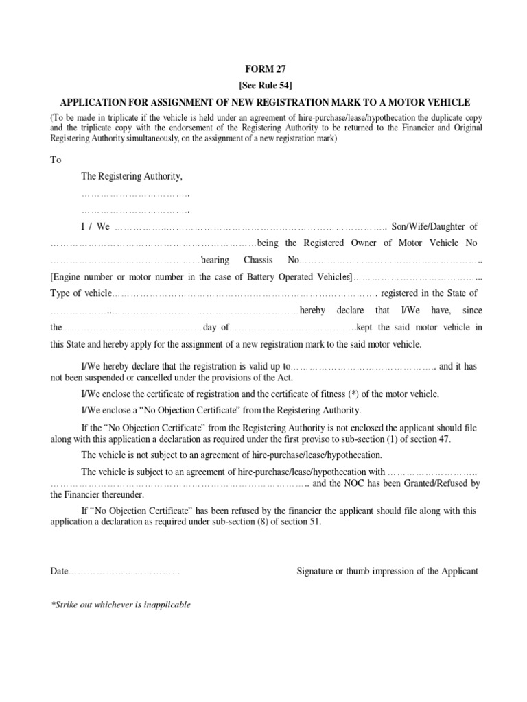 Form 27 (See Rule 54) Application For Assignment of New Registration ...