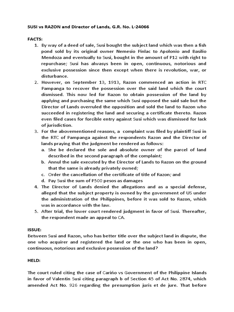 SUSI Vs RAZON and Director of Lands, G.R. No. L-24066 Facts | PDF ...