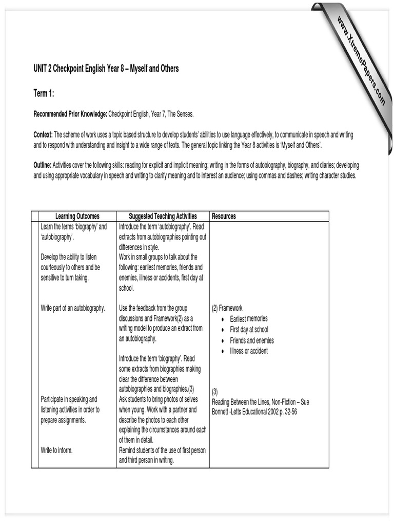 UNIT 2 Checkpoint English Year 8 - Myself and Others Term 1 | PDF ...