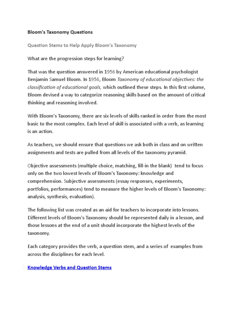 Question Stems To Help Apply Bloom's Taxonomy | PDF | Question ...