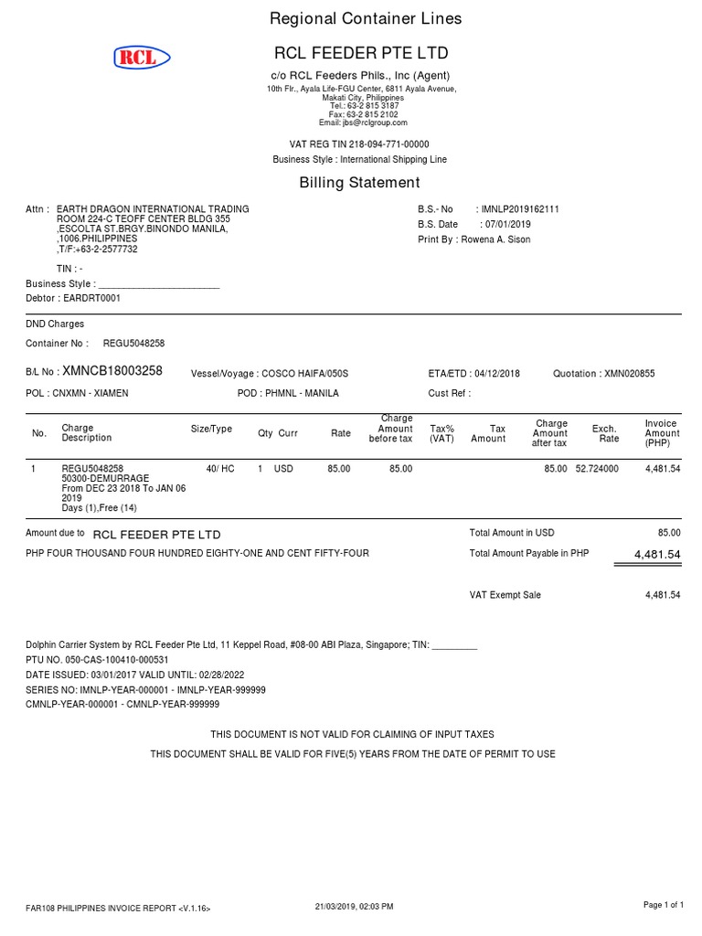 Billing Statement: C/o RCL Feeders Phils., Inc (Agent) | PDF | Payments ...