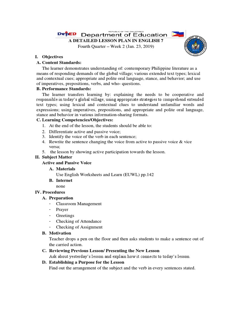 Active and Passive Voice Lesson Plan | PDF | Lesson Plan | Subject ...